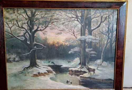 Картина старинная Закат солнца в зимнем лесу