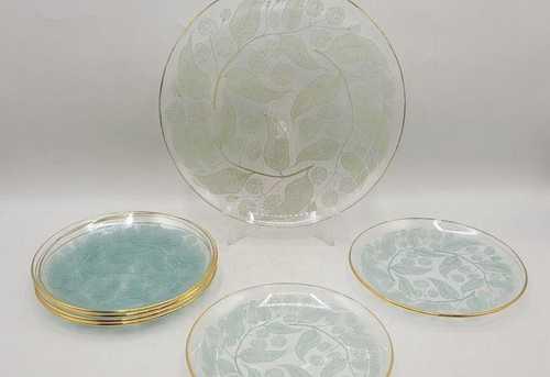 Тарелки набор 7 шт тонкое стекло Листья Чехия