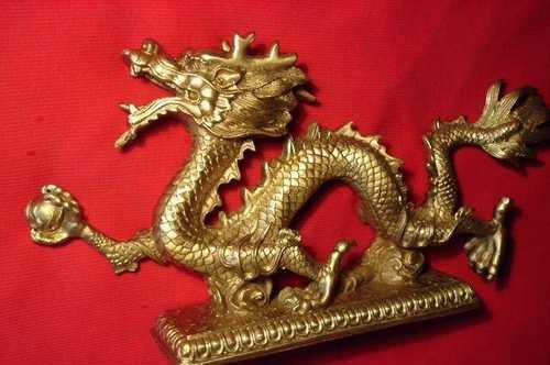 Статуэка 36 см Золотой Дракон бронза Антик