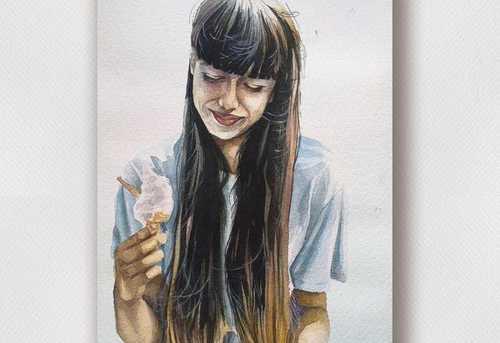 Картина акварелью Девочка с мороженым