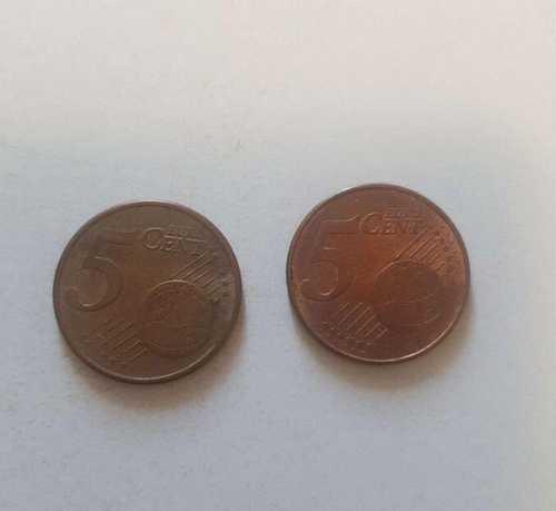 Монеты 5 евроцентов, 2 штуки 2002г и 2018г