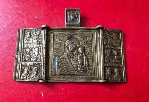 Старинный латунный складень Казанская Богородица