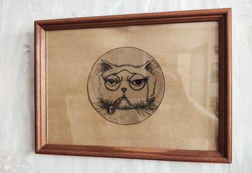 Картина тушью "Кот" в раме под стеклом