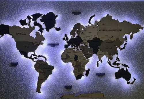 Карта мира из дерева пано на стену с подсветкой