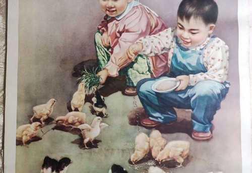 Китайский плакат. Кормят цыплят. 1961 г. Китай