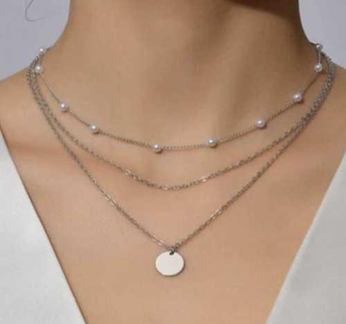 Тройное ожерелье из ювелирной стали с жемчугом
