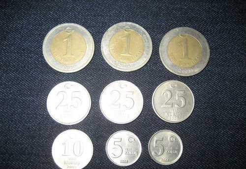 Турецкие монеты 1 лира, 25, 10 и 5 куруш