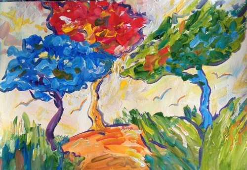 Картина "Пейзаж с трёхцветными деревьями"