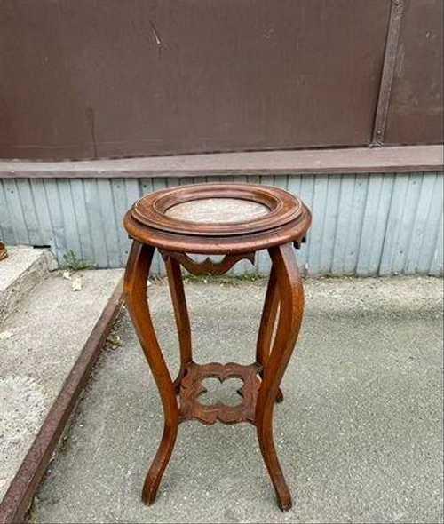 Антикварный круглый столик с мрамором, ореховый