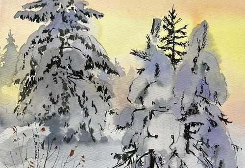 Картина акварелью Зимний пейзаж