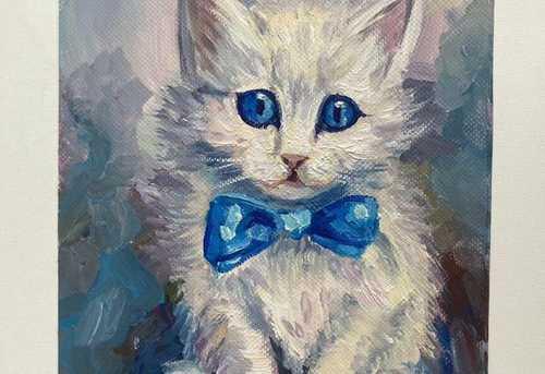 Картина маслом: Нежный белый котёнок