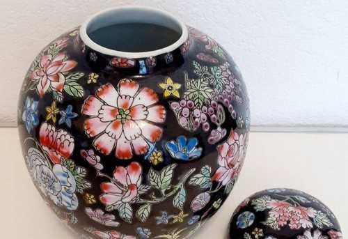Китайская ваза с крышкой, 16 см, роспись, эмаль