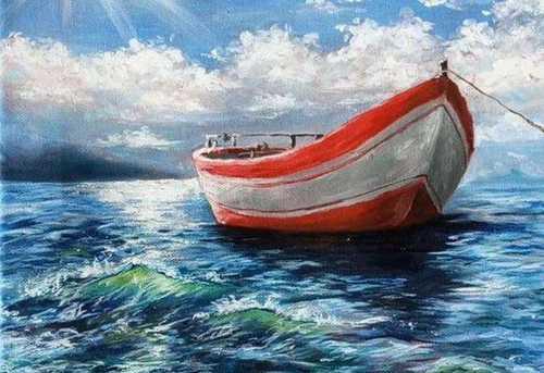 Картина маслом на холсте море и лодка