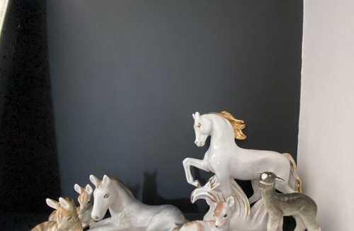 Фарфоровые статуэтки СССР кони, зебры, козлик