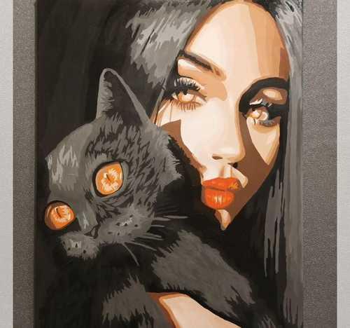 Картина акриловыми красками Девушка с кошкой