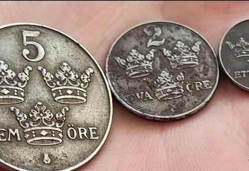 1,2,5 эре Старинная Швеция оптом 3 короны Монеты