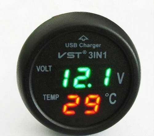 Авто зарядное (вольтметр+термометр ) Красные цифры