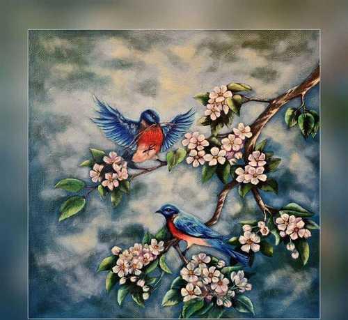 Картина маслом пейзаж с птицами