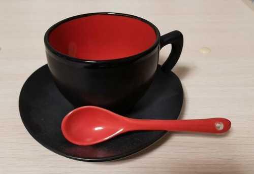 Чашка с блюдцем ложечкой чёрный-красный керамика