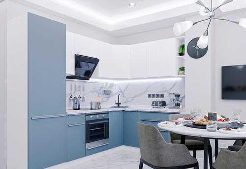Цветная голубая кухня с матовыми фасадами