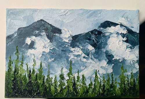 Картина маслом магнит горы Кавказа туман