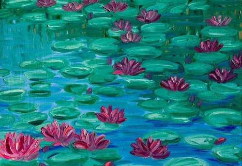 Картина маслом водяные лилии пруд розовые цветы