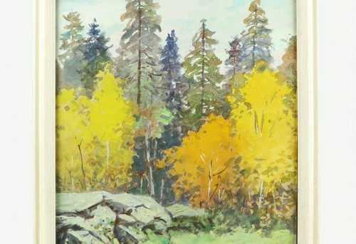 Картина в раме "Осенний лес". Акварель. 20 век