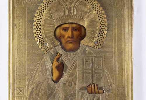 Старинная живописная икона Николай Чудотворец