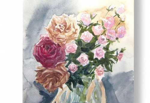 Акварель букет цветов розы в вазе