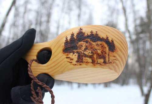 Кружка кукса деревянная с пирографией "Камчатка"