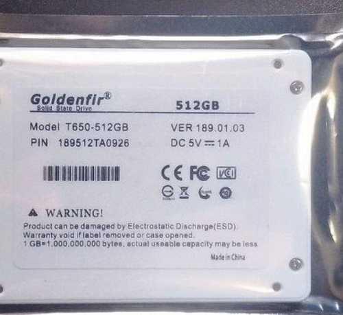 Новый SSD накопитель Goldenfir 512gb, 2.5", sata3