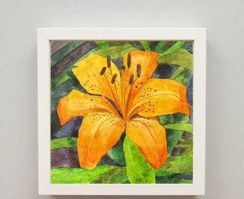 Оранжевая лилия - акварельная картина в интерьер