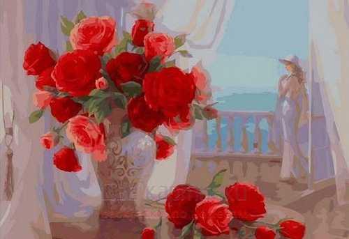 Картина по номерам 40x50 Букет ярких роз и девушка