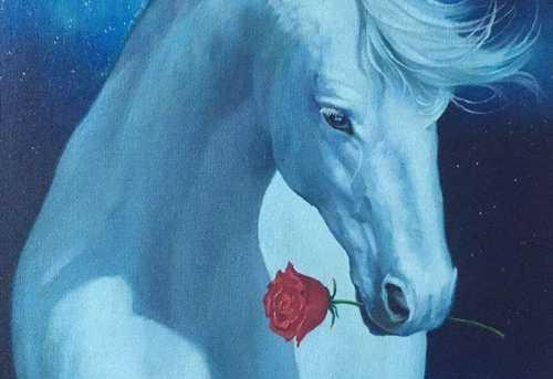 Картина маслом белый конь,лошади,животные