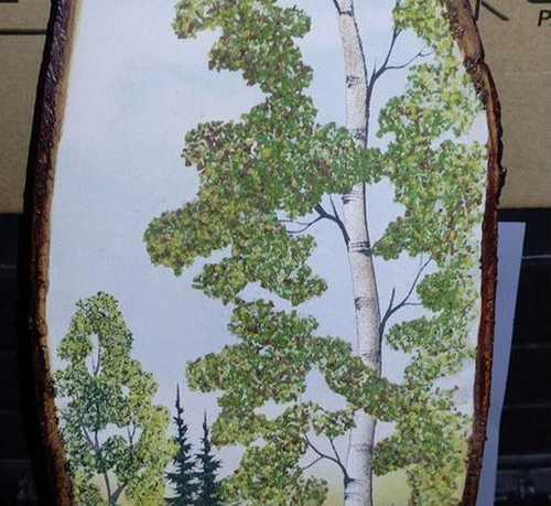 Картина на срезе дерева Лето