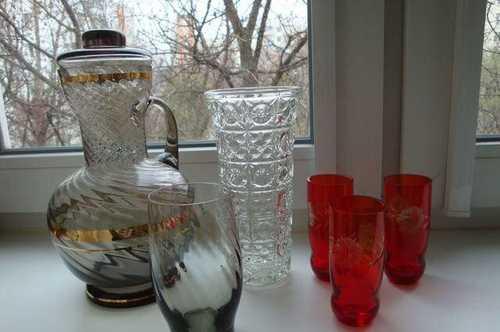 Советское стекло Графин, ваза, рюмки