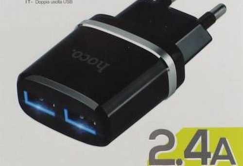Зарядное устройство USB 2A, 2 USB hoco C12 (черный
