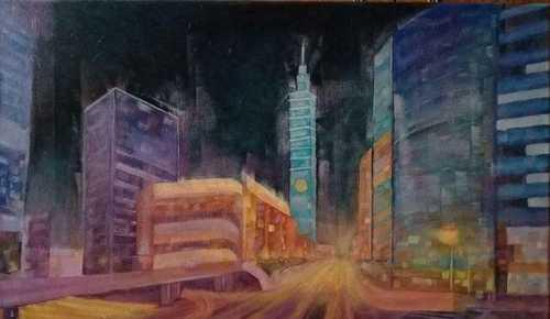 Картина "Огни ночного города", масло
