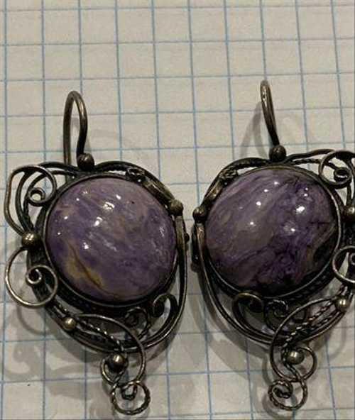 Серебряные серьги чароит 875 проба