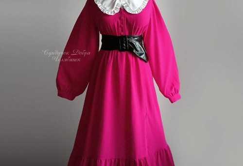 Винтажное платье ярко-розовое с воротничком