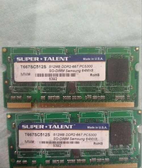 So-dimm samsung, ddr2, PC5300, 512 Mb - 2шт