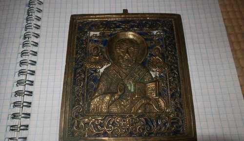 Старинная латунная икона Николай Чудотворец