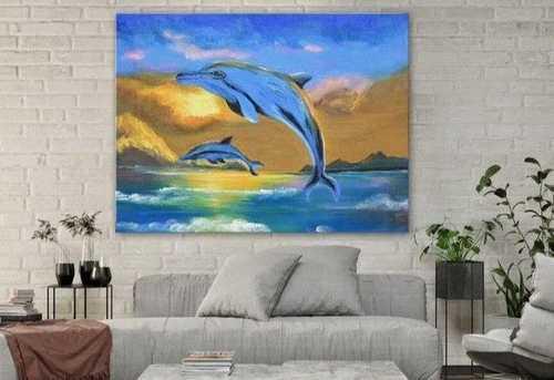 Картина маслом дельфины