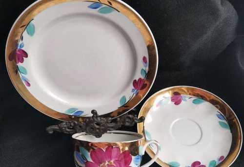 Трио цветы роспись Дулево чайная пара тарелка
