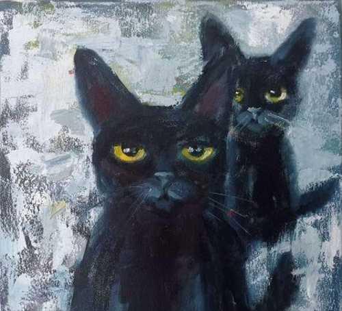 Картина маслом "Чёрные коты" Холст 3030