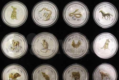 Австралия, Лунар I,12 монет, серебро в позолоте
