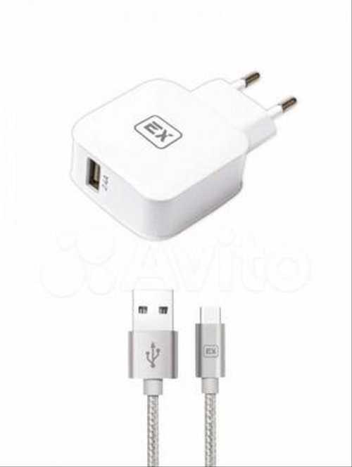 Сзу 1USB 2.4A+кабель USB-Type-C Exployd Sonder QC3.0 1m White
