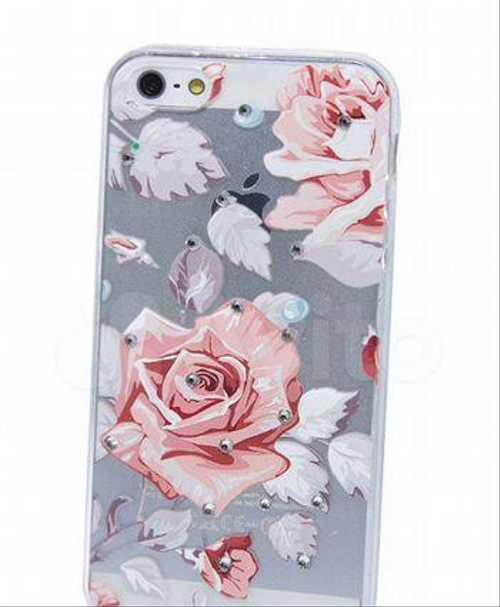 Чехол-накладка для iPhone 5\5S\SE fashion TPU стразы Роза розовая