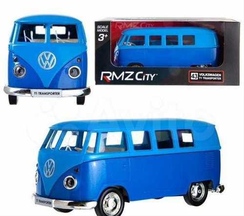 Машинка металлическая Uni-Fortune RMZ City 1:32 Автобус инерционный Volkswagen Type 2 (T1) Transporter, цвет матовый голубой с синим, 16,5*7,5*7 см 55