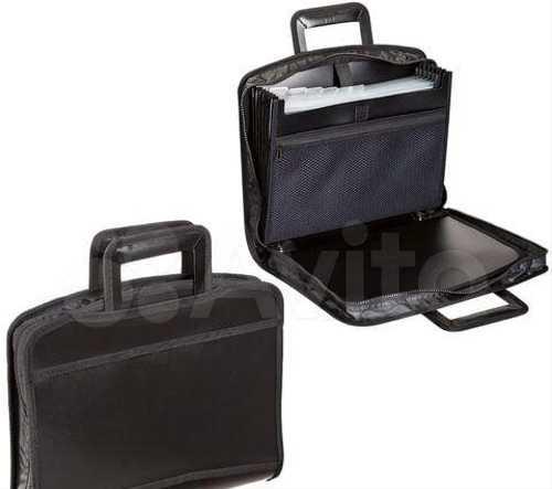 Портфель-папка пластиковый Brauberg А4, 355*290*60 мм, на молнии, выдвижные ручки, 8 отделений, 2 кармана, черный (225168)